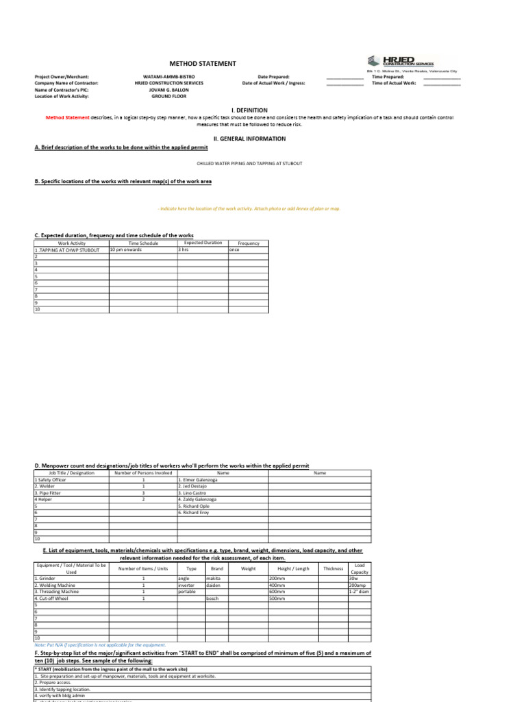Ammb Format - Method Statement - CHWP | PDF | Pipe (Fluid Conveyance)