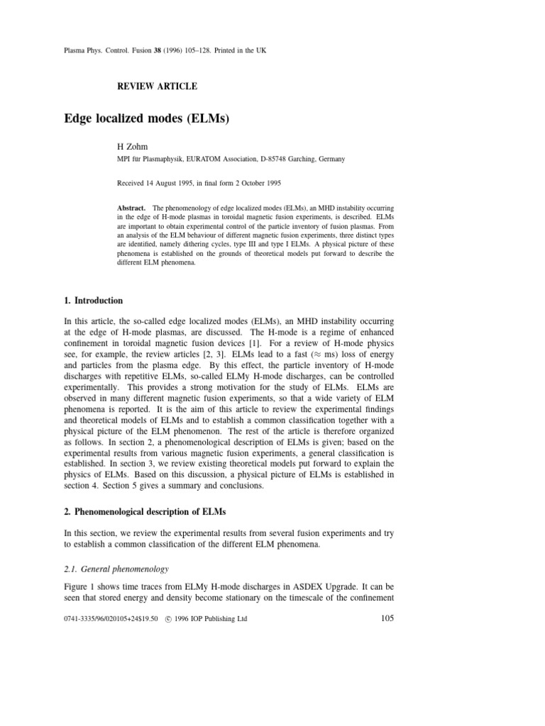 H.zohm 1996 PPCF Edge Localized Modes (ELMs) | PDF | Tokamak ...