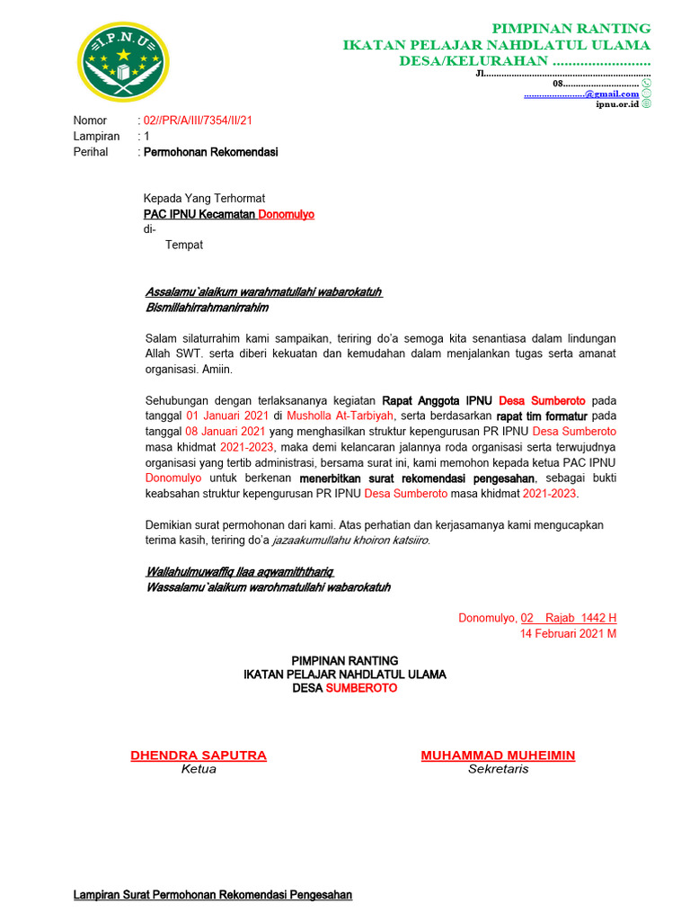 Surat Permohonan Rekomendasi Ke PAC | PDF