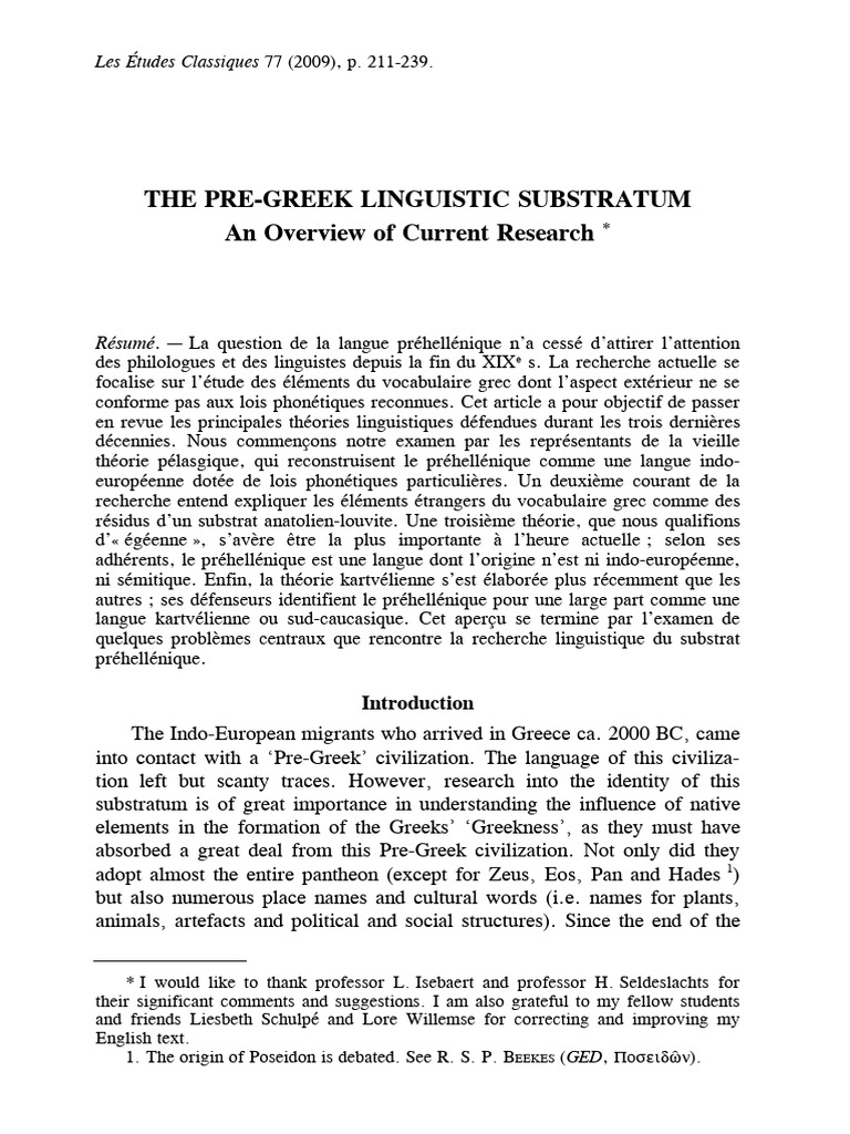 THE PRE-GREEK LINGUISTIC SUBSTRATUM An Overview of Current Research | PDF | Languages | Foreign ...