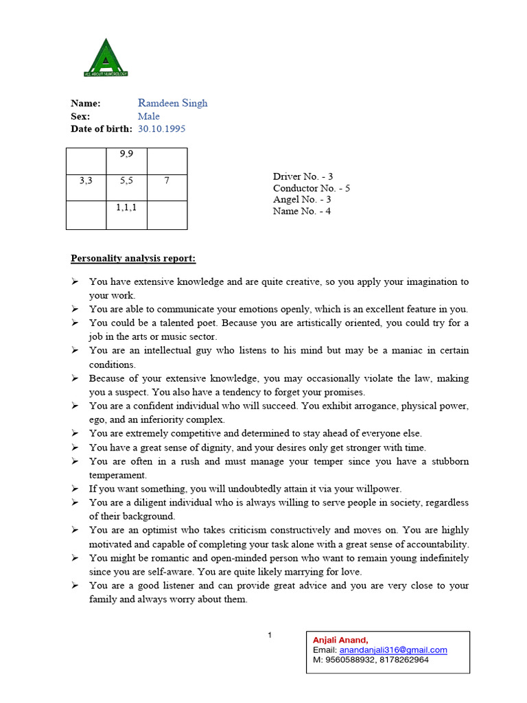 Numerology Report for Ramdeen Singh | PDF | Psychological Concepts ...