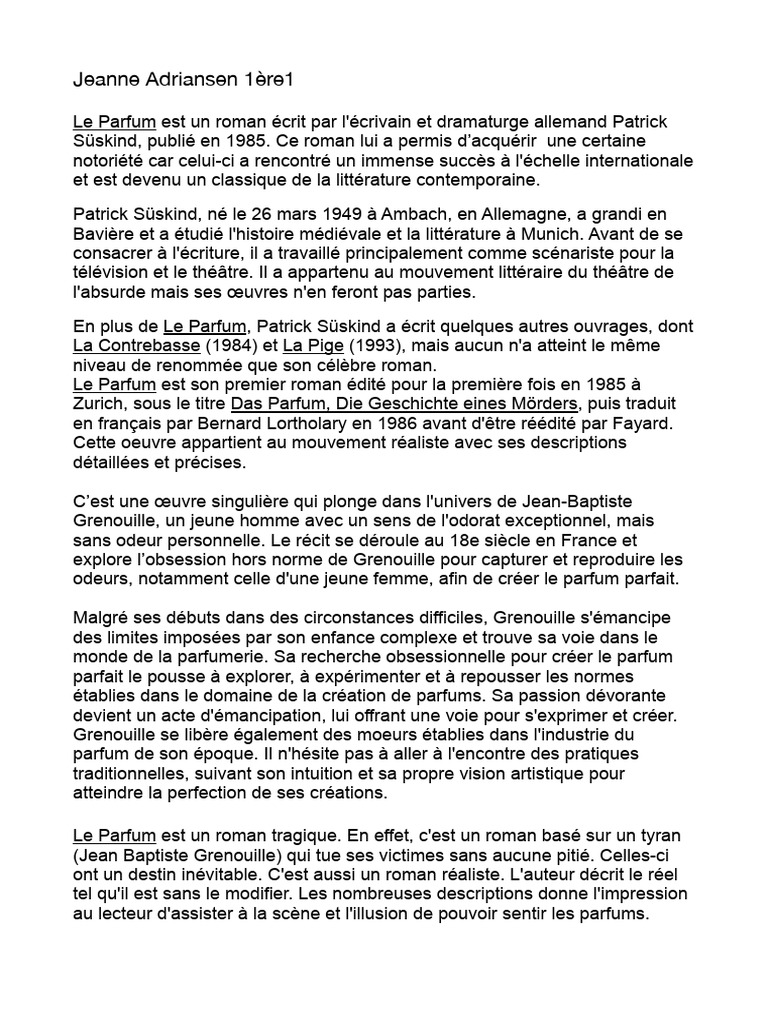 Analyse du roman "Le Parfum" de Süskind | PDF | Poésie | Classiques