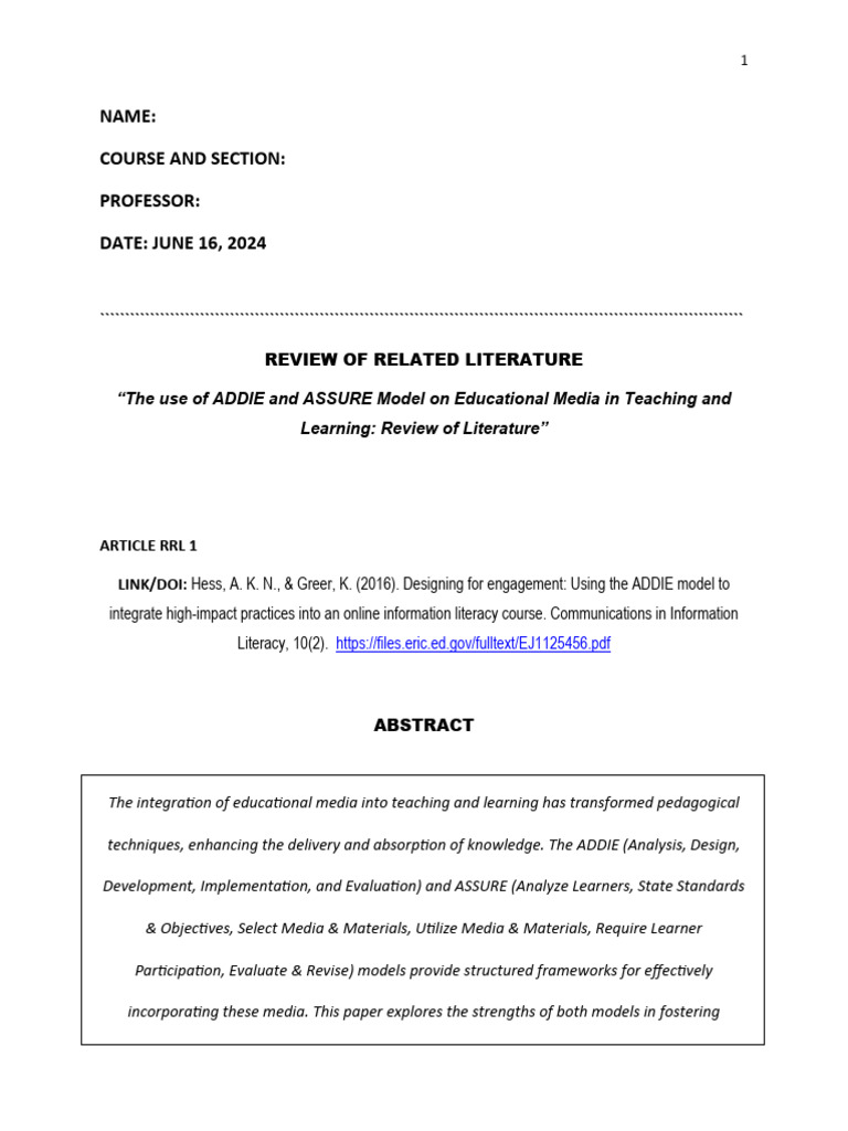 FINISH ADDIE AND ASSURE MODEL RRL | Download Free PDF | Instructional ...