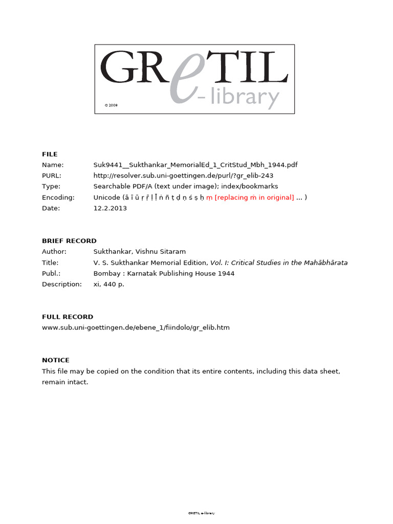 Suk9441 Sukthankar MemorialEd 1 CritStud MBH 1944 | PDF | Textual ...