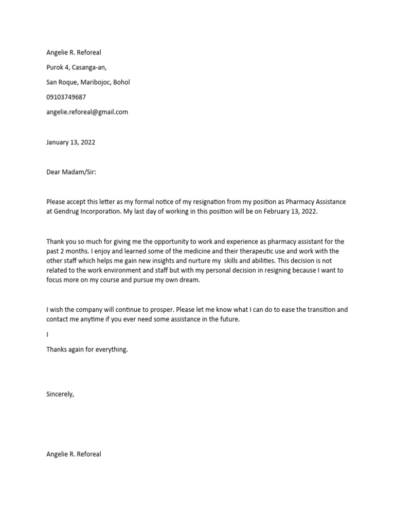 Resignation Letter from Pharmacy Assistant | PDF | Self-Improvement