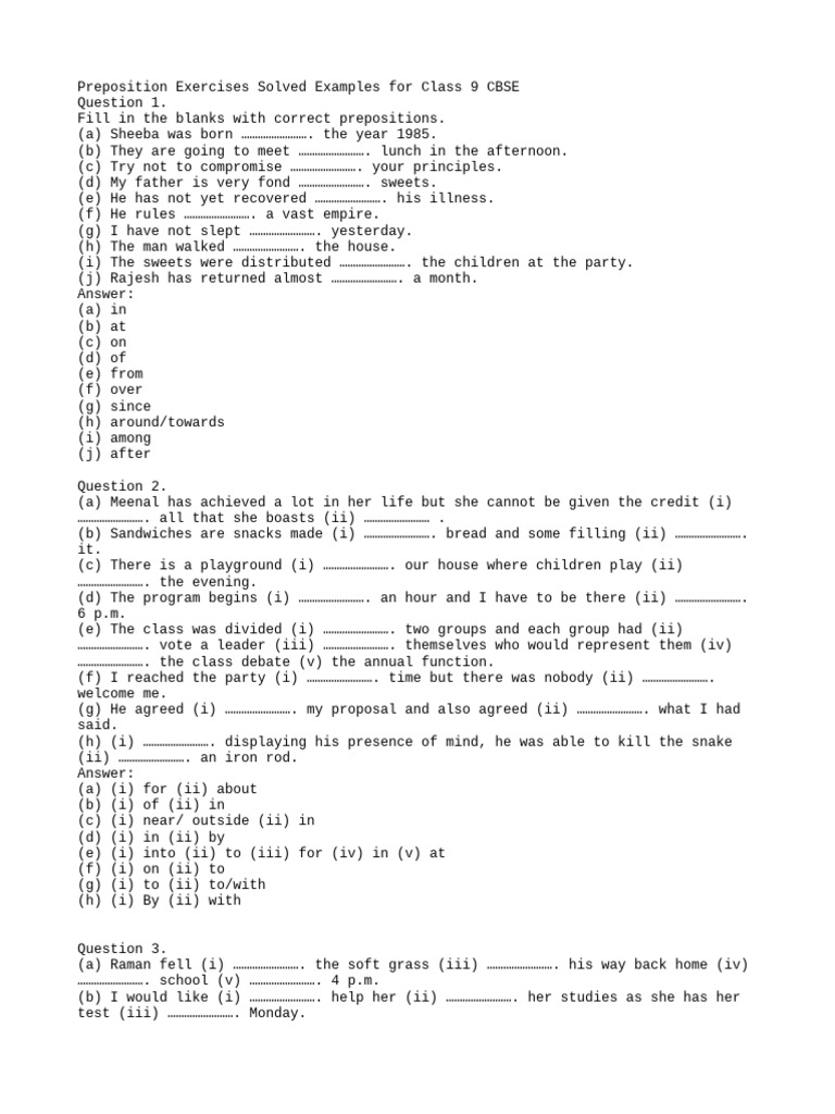 Class IX Preposition With Answers | PDF