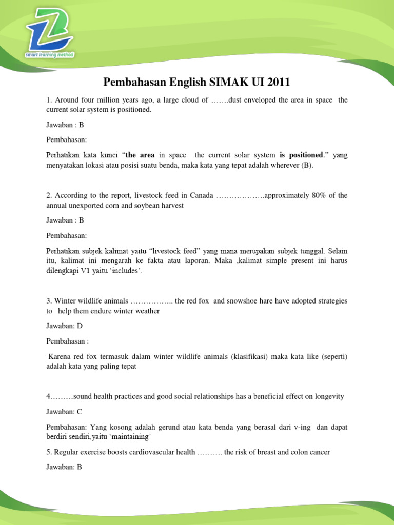 Pembahasan SIMAK UI 2011 dalam Bahasa Inggris | PDF