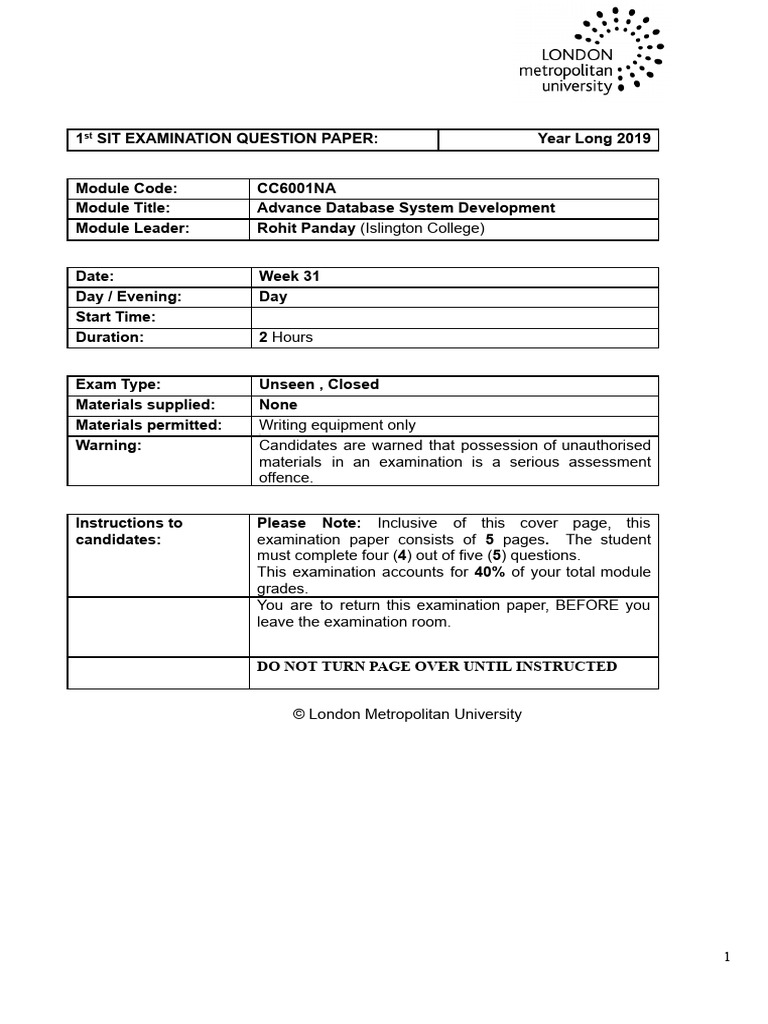 CC6001NA - Advanced Database System Development 2019-20 (1sit) - EXAM QP | PDF | Qualifications