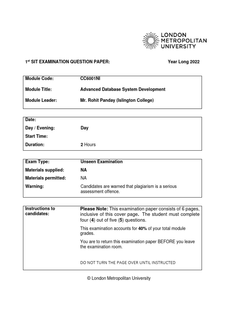 CC6001NA - Advanced Database Systems Development 2021-22 (1sit) - Exam ...