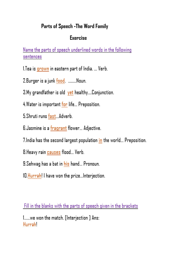 Parts of Speech Exercises for Students | PDF