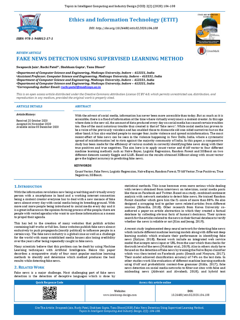 Fake News Detection Using Supervised Learning Meth | PDF | Machine ...
