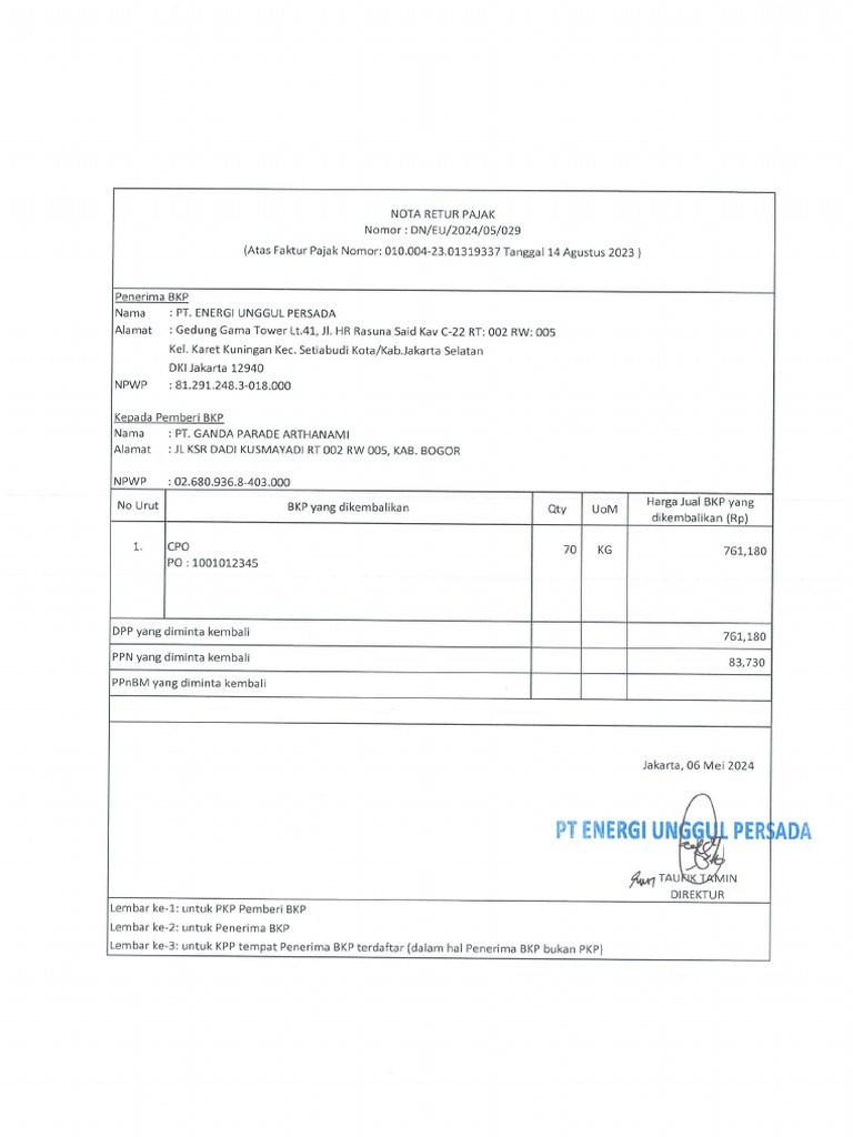 Nota Retur Dn-Eu-2024-05-029 Gpa | PDF