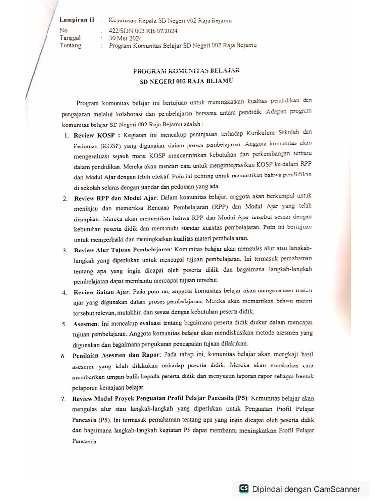 Rencana Kerja SDN 002 Raja Bejamu | PDF