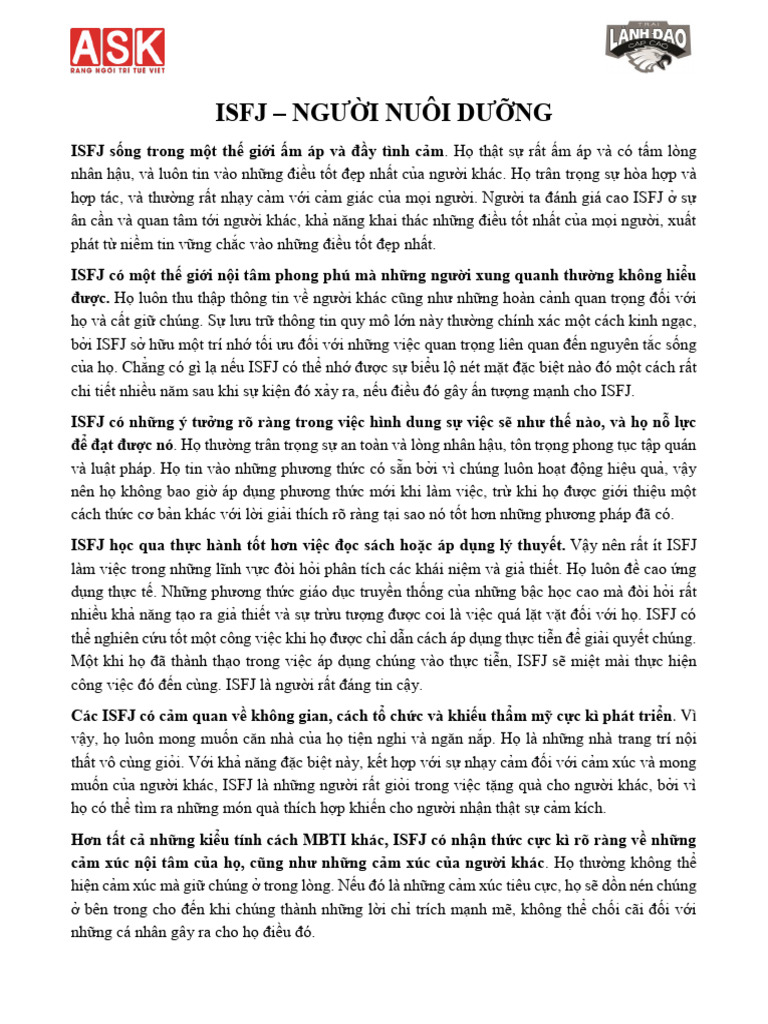 Isfj - Ngư I Nuôi Dư NG | PDF