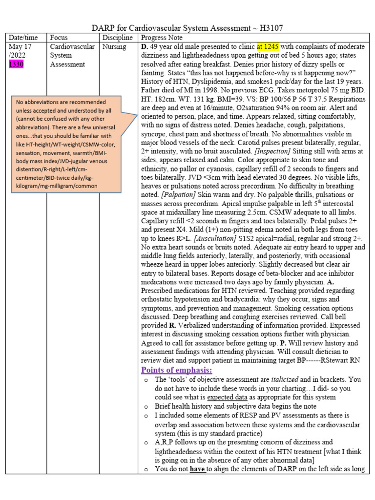 Cardiovascular Assessment Note | PDF | Causes Of Death | Medicine