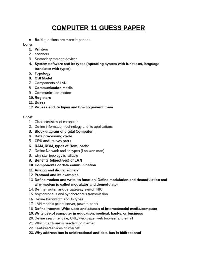 COMPUTER 11 GUESS PAPER by Exampill | PDF | Technology & Engineering