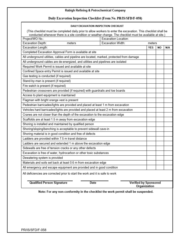 Daily Excavation Inspection Checklist (New) | PDF