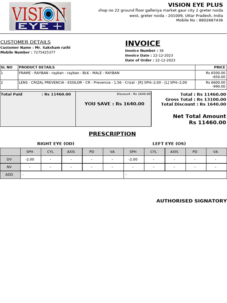 Invoice for Saksham Rathi - Vision Eye Plus | PDF | Glasses