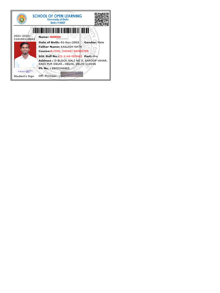 Name: Date of Birth: 01-Nov-2003 Gender: Male Father Name: KAILASH NATH ...