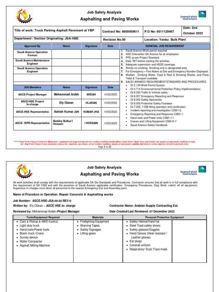 Jsa For Truck Parking Asphalt Pavement | PDF | Road | Traffic Collision