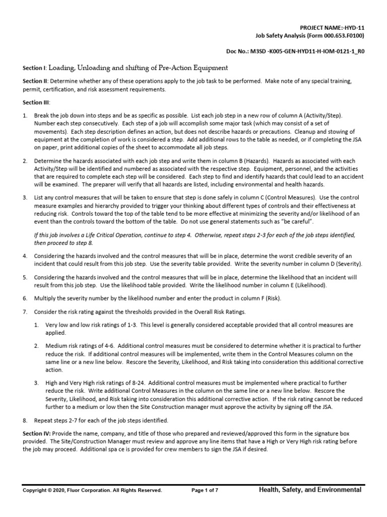 JSA - Unloading & Positioning of Pre Action Equipment | PDF | Safety