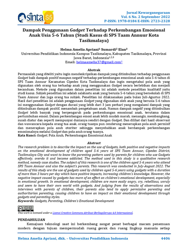 Dampak Penggunaan Gadget Terhadap Perkembangan Emosional Anak Usia 5-6 Tahun (Studi Kasus Di SPS ...