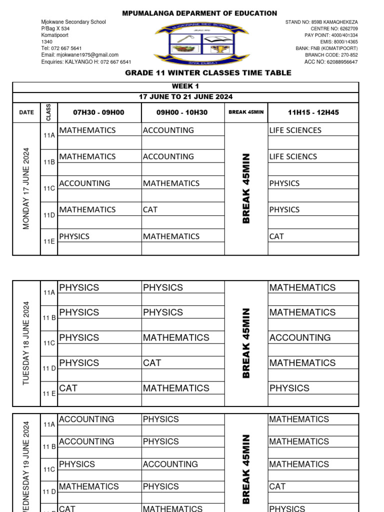 Grade 11 Winter Classes Timetable 2024 | PDF