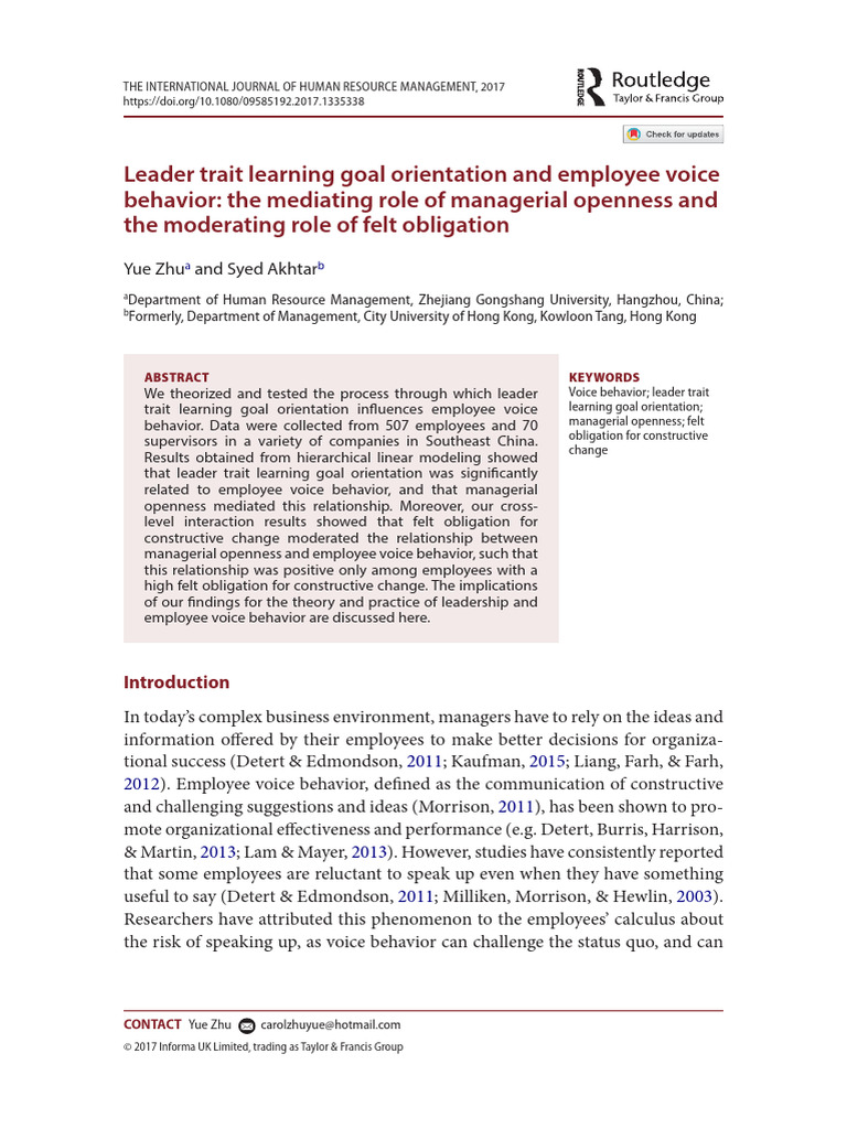 Leader Trait Learning Goal Orientation and Employee Voice Behavior | PDF | Leadership | Likert Scale