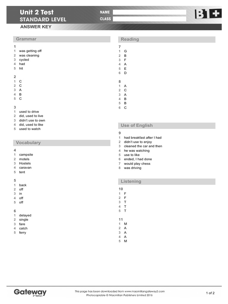 B1PLUS UNIT 2 Test Answer Key Standard | PDF | Linguistics | Human ...