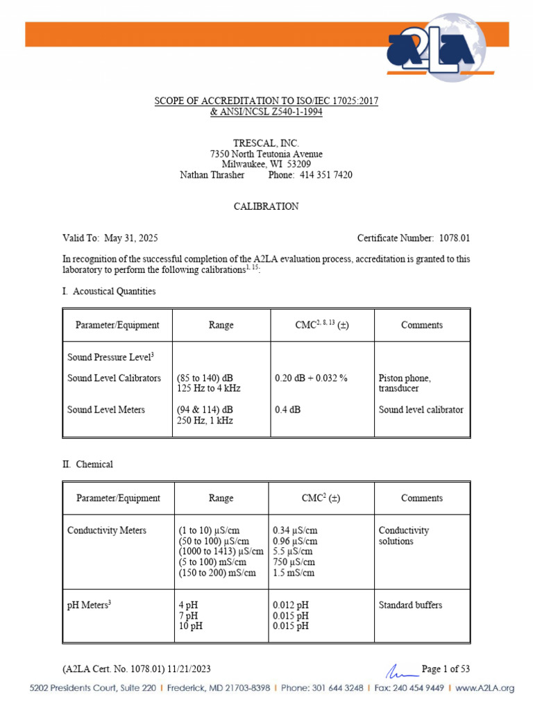 Trescal Inc. Calibration Accreditation | PDF | Hertz | Electricity