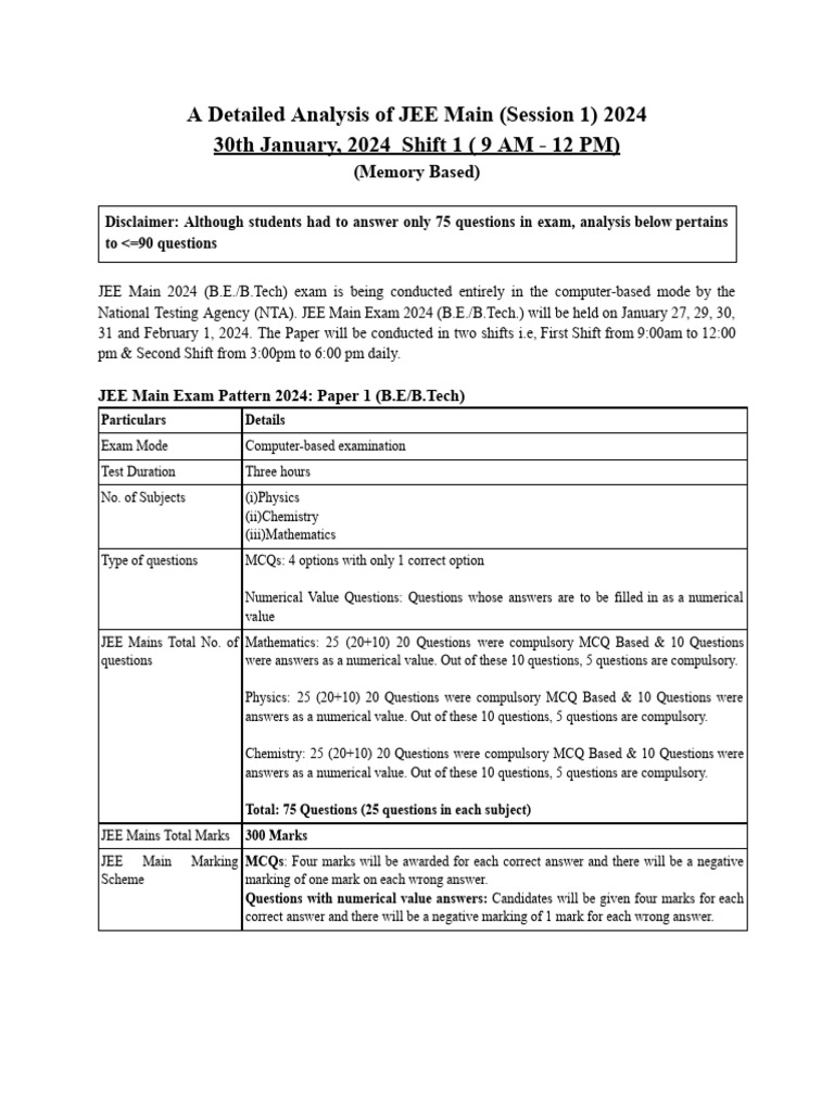 JEE Mains 2024: Shift 1 Analysis | PDF | Evaluation Methods ...