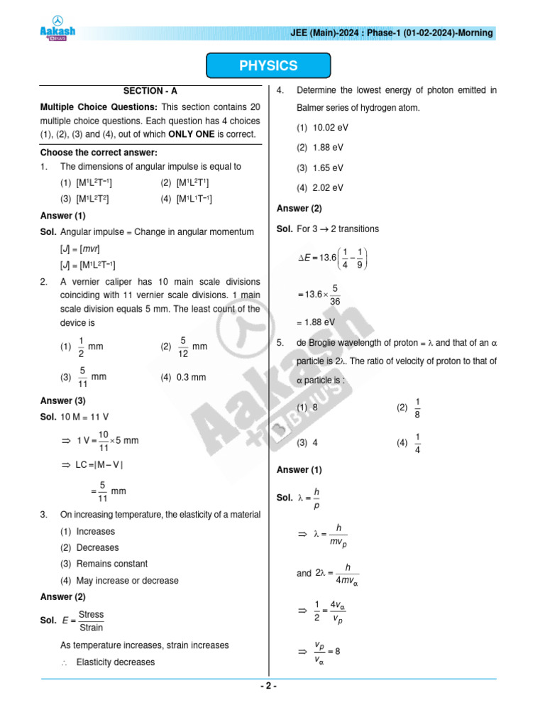 JEE Main 2024 Feb01 Shift1 Physics Morning | PDF | Electronvolt | Diffraction