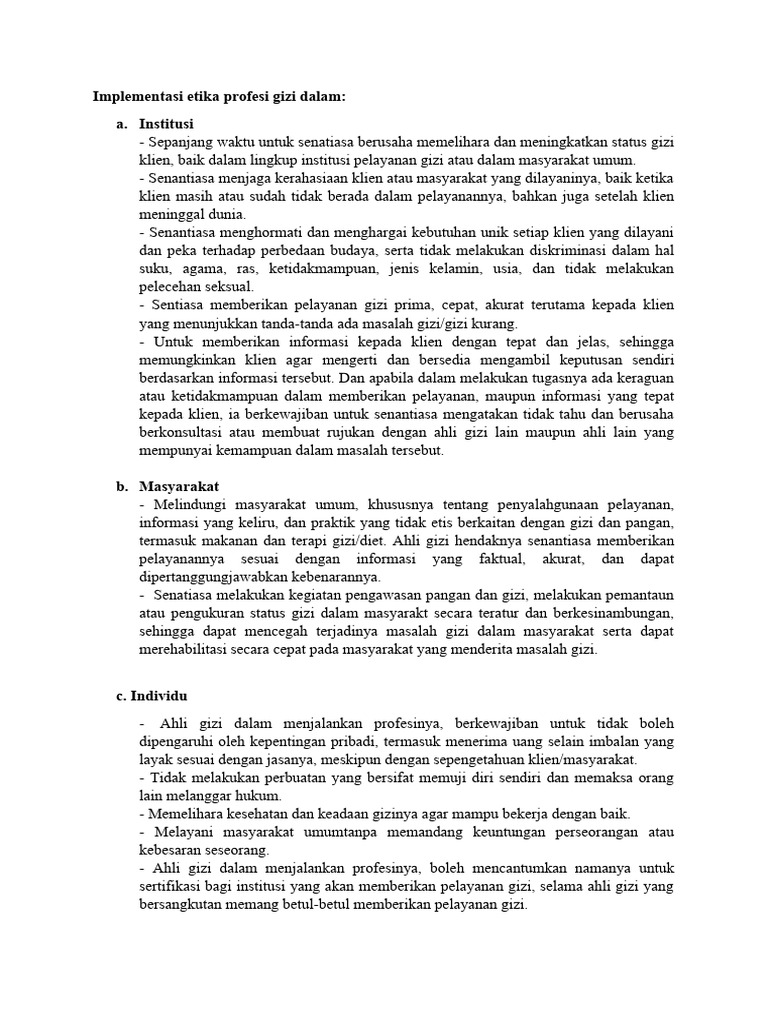 Implementasi Etika Profesi Gizi | PDF