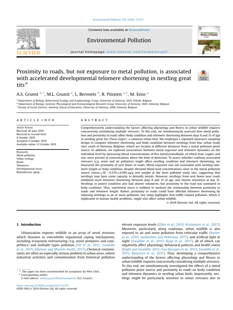 Road Proximity Affects Telomere Shortening | PDF