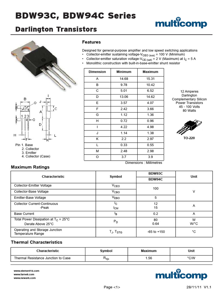 BDW93C, BDW94C Series: Darlington Transistors | PDF | Bipolar Junction Transistor | Transistor