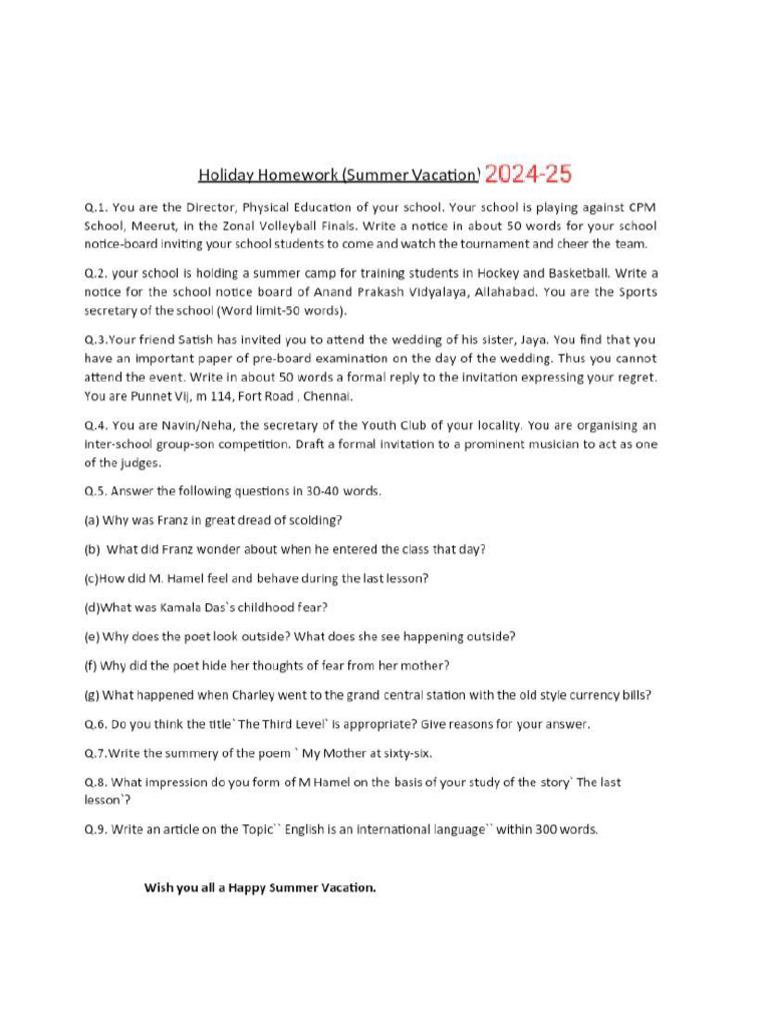 Summer Vacation Homework (XII) | PDF