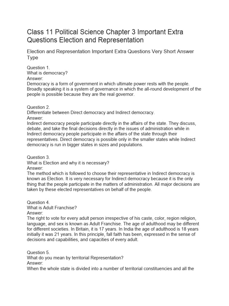 Class 11 Political Science Chapter 3 Important Extra Questions Election ...
