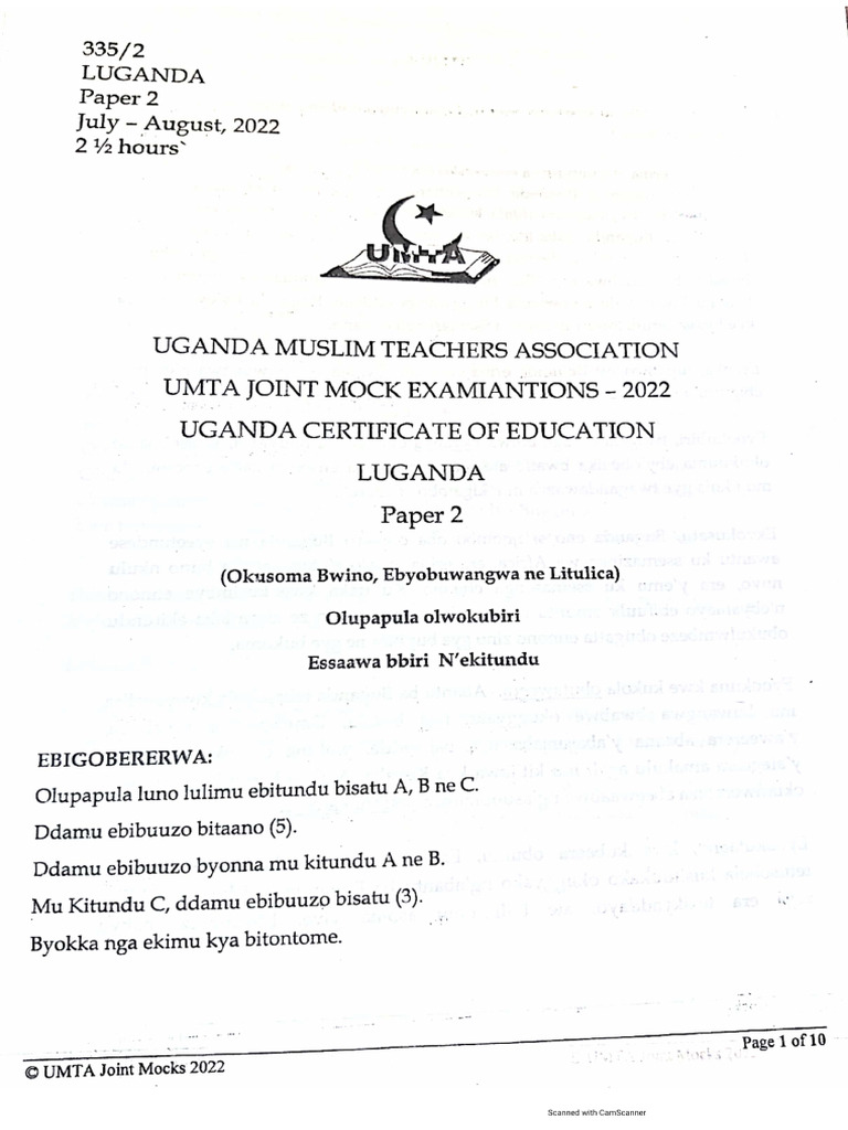 S6 Luganda Paper 2 Umta Joint Mock Examinations 2022 Uganda Muslims ...