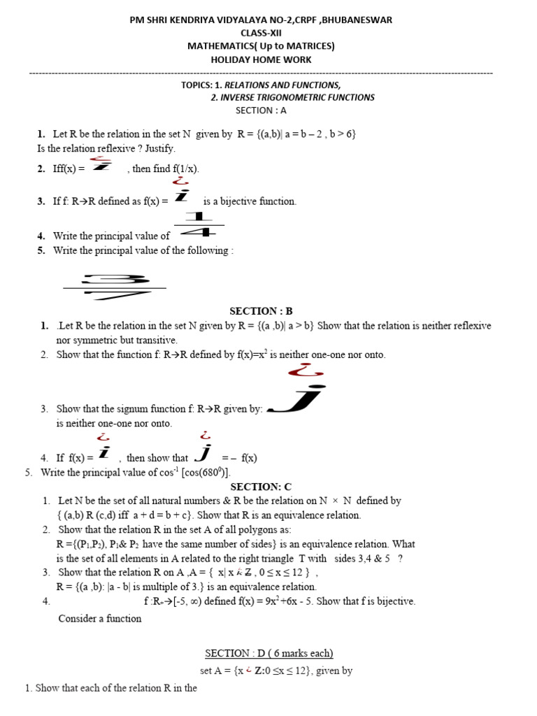 Holiday Assignment-Xii (Maths) | PDF | Function (Mathematics) | Matrix (Mathematics)