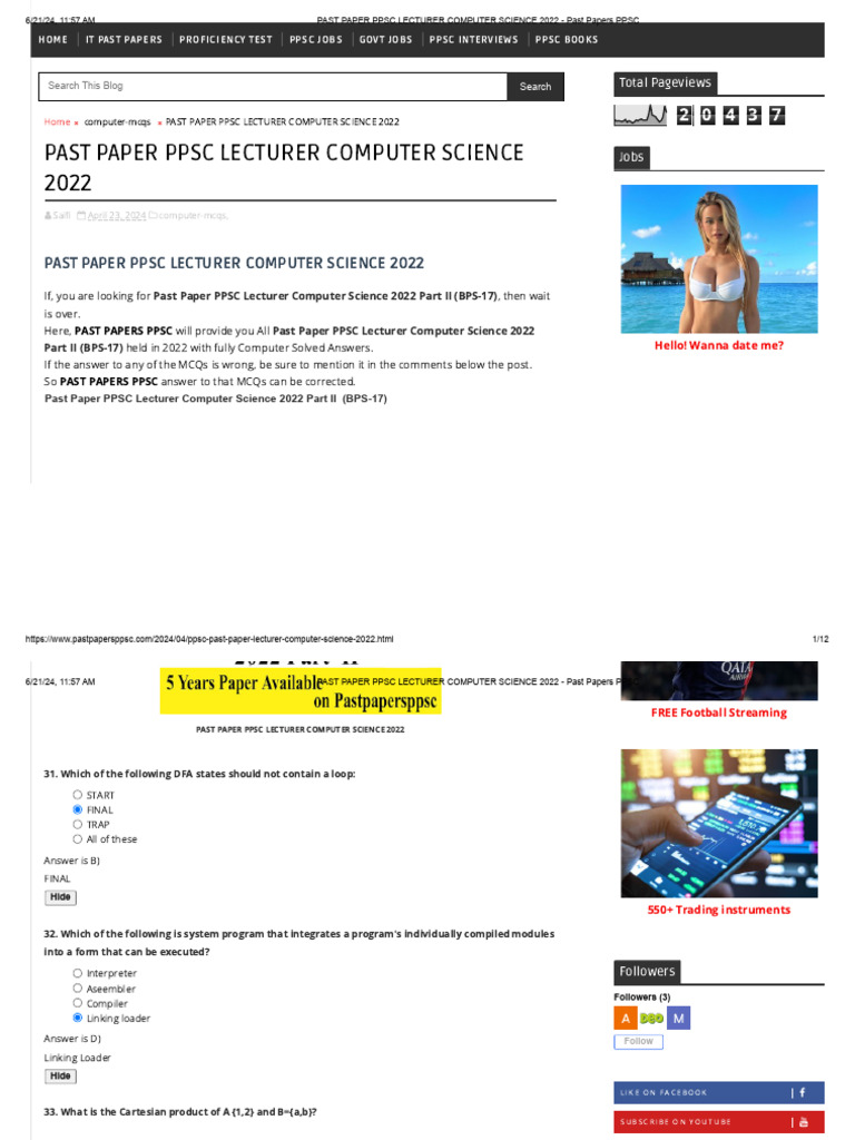 Past Paper PPSC Lecturer Computer Science 2022 | Download Free PDF | Compiler | Computing