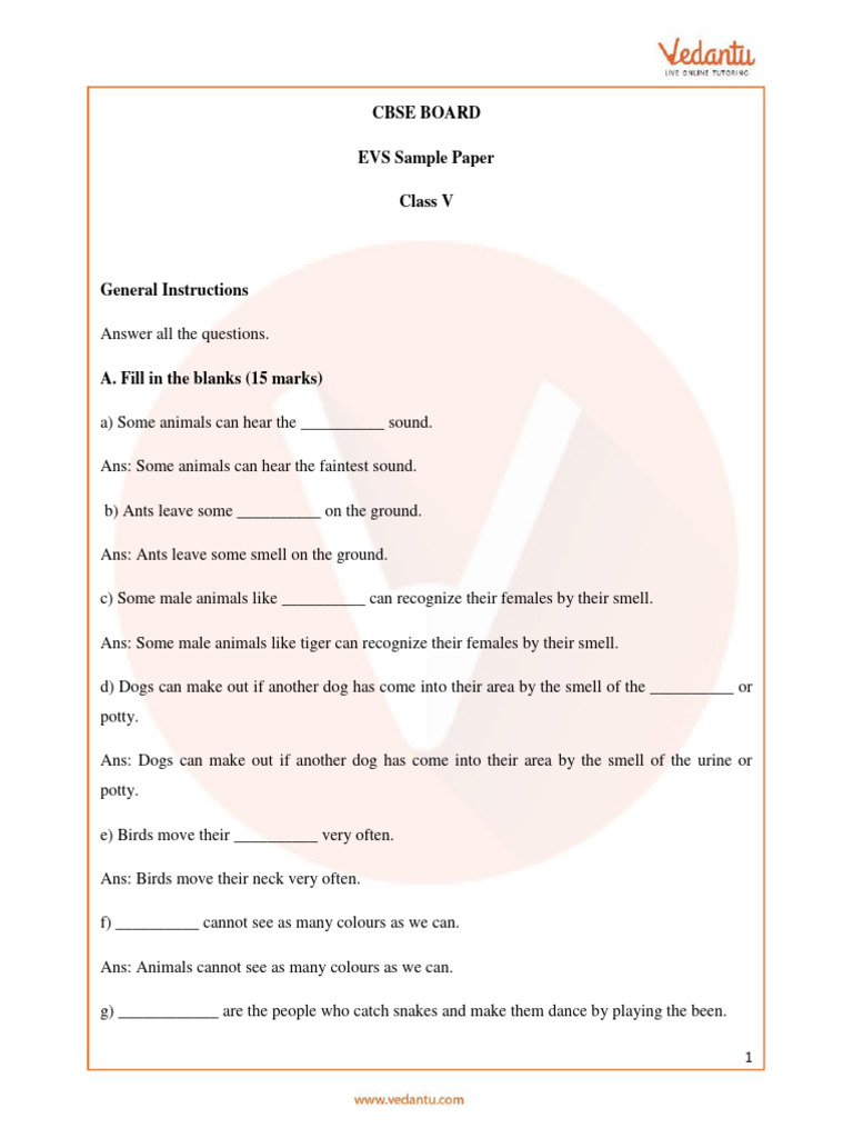 CBSE Sample Paper For Class 5 EVS With Solutions - Mock Paper-1 | PDF