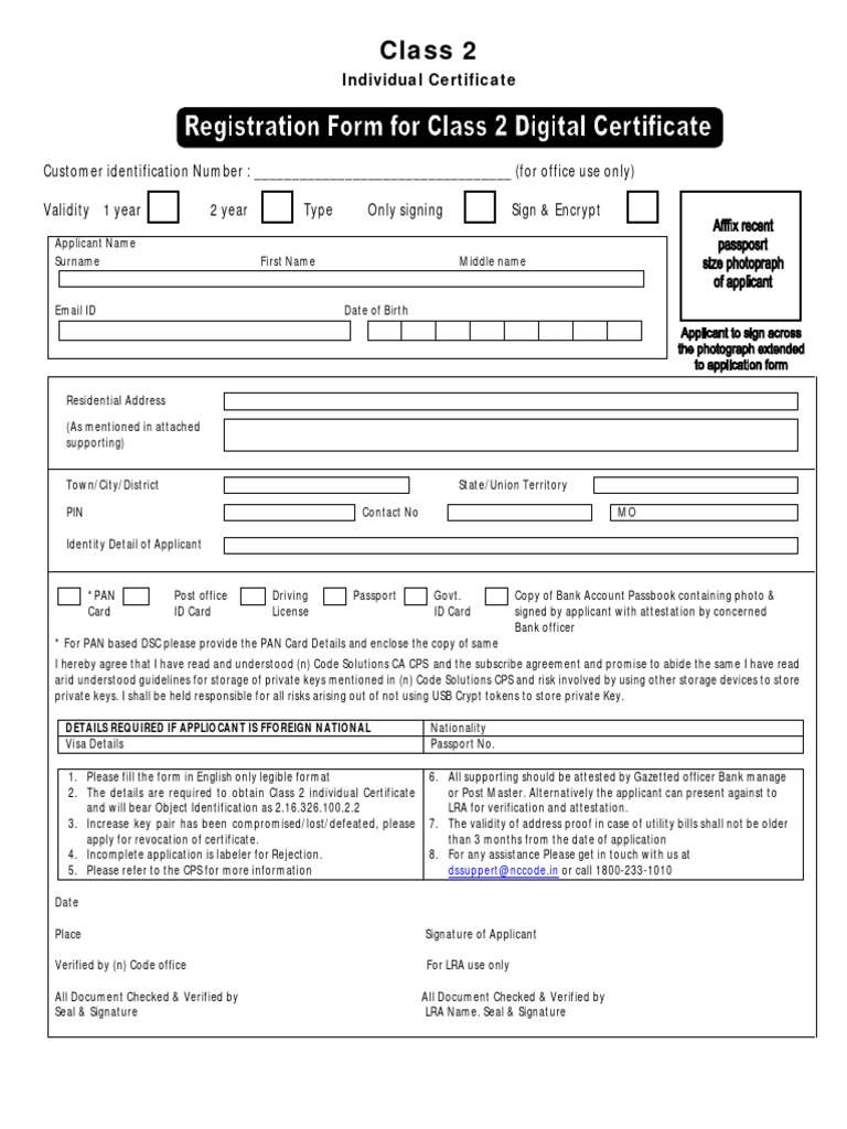 Registration Form For Class 2 Digital Certificate | PDF | Identity ...