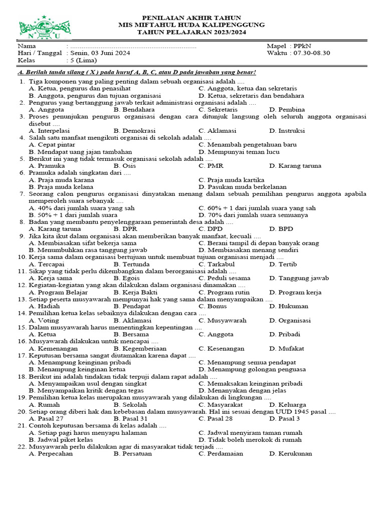 Soal PAT PKN Kelas 5 OK | PDF | Karier & Perkembangan