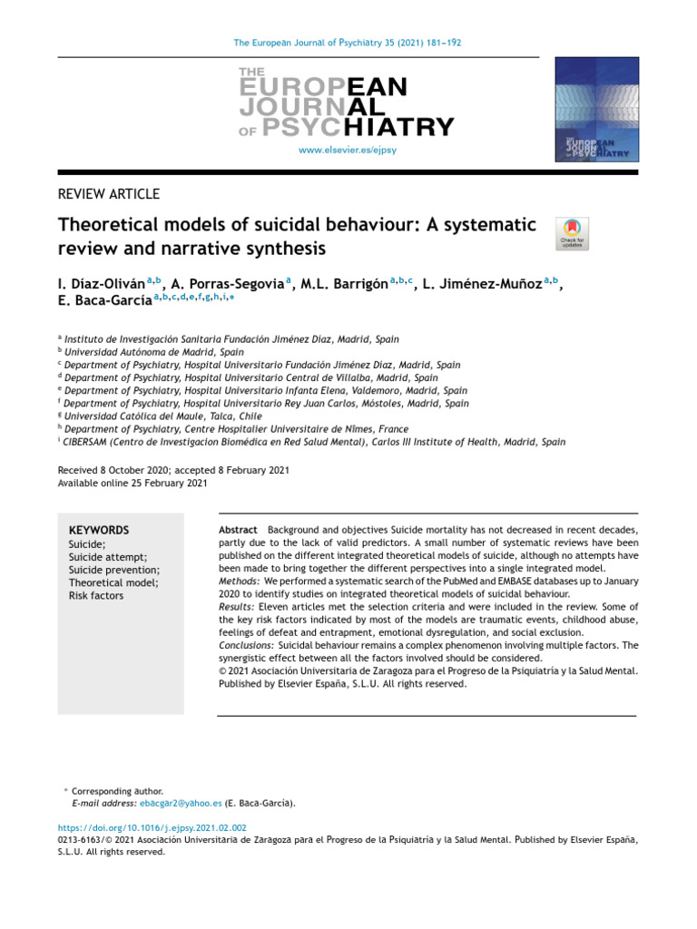Theoretical Models of Suicidal Behaviour-A Systematic Review | PDF ...