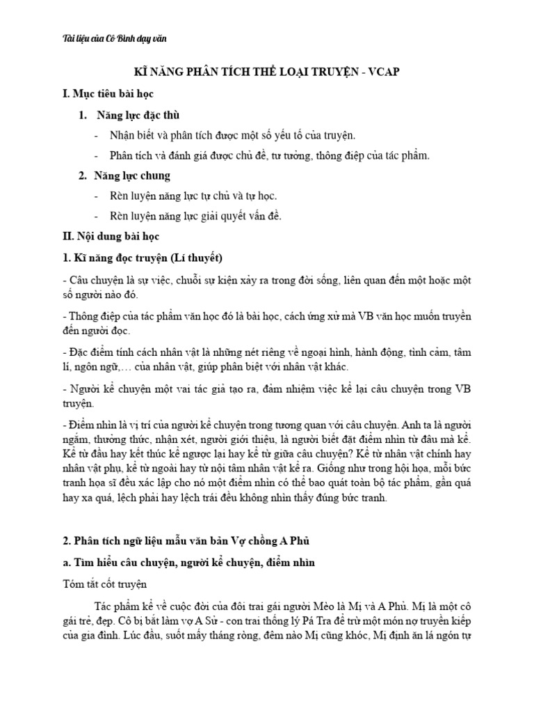 KĨ NĂNG PHÂN TÍCH THÊ LOẠI TRUYỆN VCAP | PDF