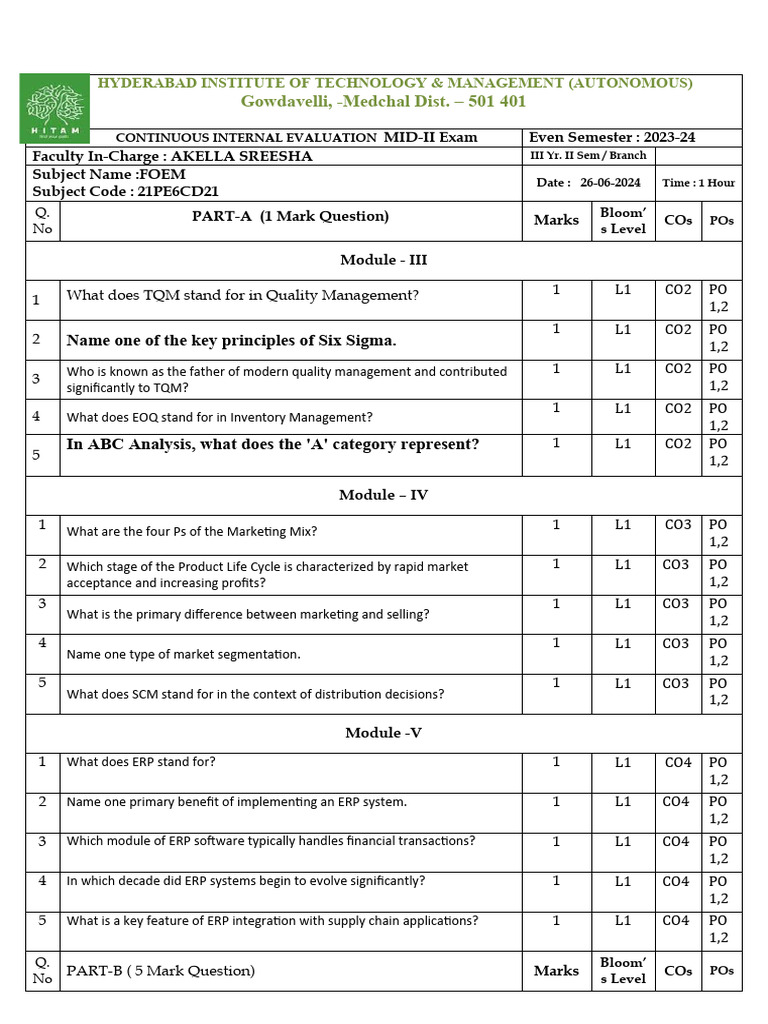 Foem Question Bank For Mid2 Exams-Hr21 | PDF | Enterprise Resource Planning | Marketing