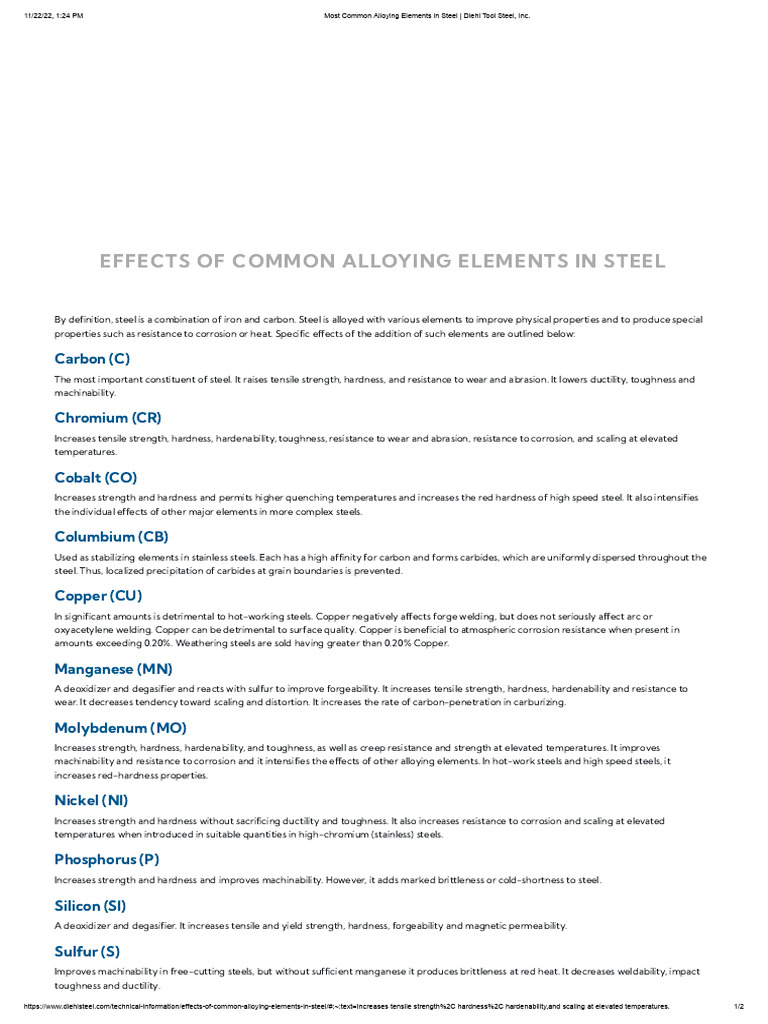 Most Common Alloying Elements in Steel - Diehl Tool Steel, Inc | PDF ...