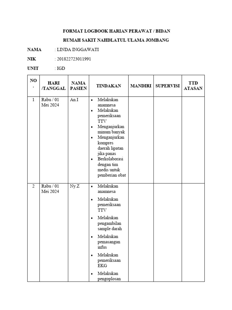 FORMAT LOGBOOK HARIAN PERAWAT (Linda) | PDF