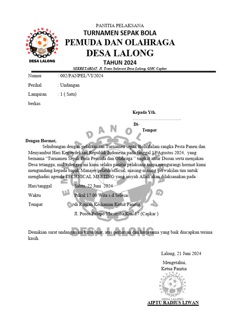 Undangan Sepak Bola Turnamen Pemuda Dan Olahraga | PDF