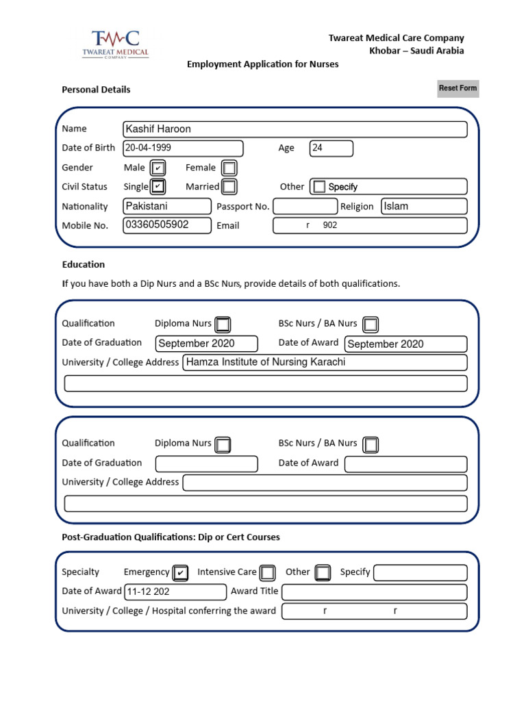 Employment Application - Nurses Fillable-2 | PDF | Intensive Care Unit ...